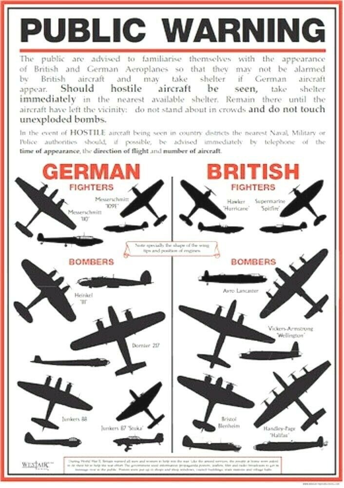 WW2 A3 Poster British German Fighter Planes Bombers Identification Rep ...